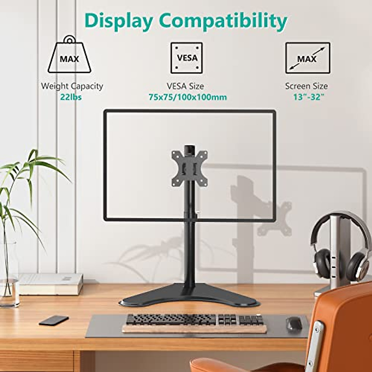WALI Single Monitor Stand, Adjustable Monitor Stand for One Screen up to 32inch, Universal Freestanding Monitor Stand for hp acer lg Monitor with monting Holes 75 to 100mm (MF001),Black