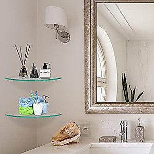 Sanbege 2 Pcs Tempered Glass Corner Shelf with 8 Brackets, 12" x 12" Floating Shower Caddy, Wall Mounted Shampoo Holder Organizer for Bathroom, Kitchen, Living Room