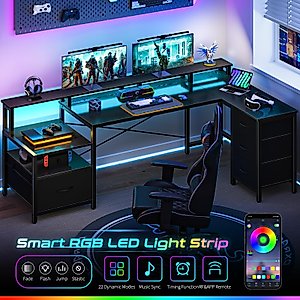 Yoobure L Shaped Desk with Drawers, Gaming Desk with LED Lights & Outlets, 75" Reversible Computer Desk with Storage File Cabinet & Printer Stand, Corner Desk Office Desk with Dual Monitor Stand Black
