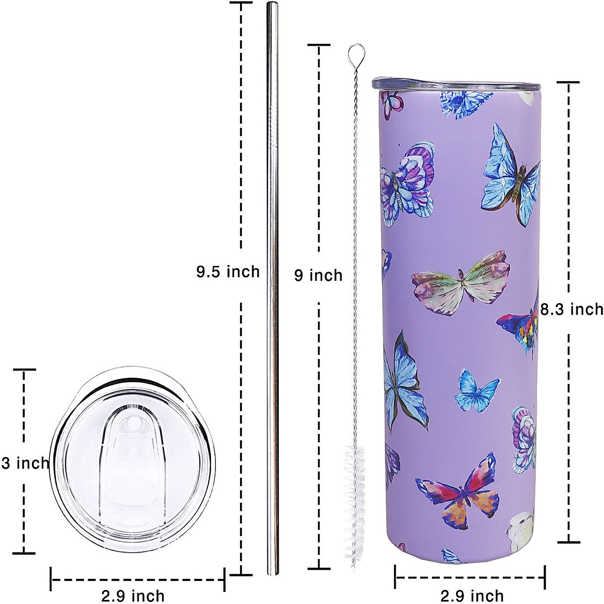 IchDich Butterfly Tumbler With Lid and Straw - 20 oz Insulated Purple Stainless Steel Skinny Tumbler Water Bottle Travel Mug Wine Cups Gifts for Women