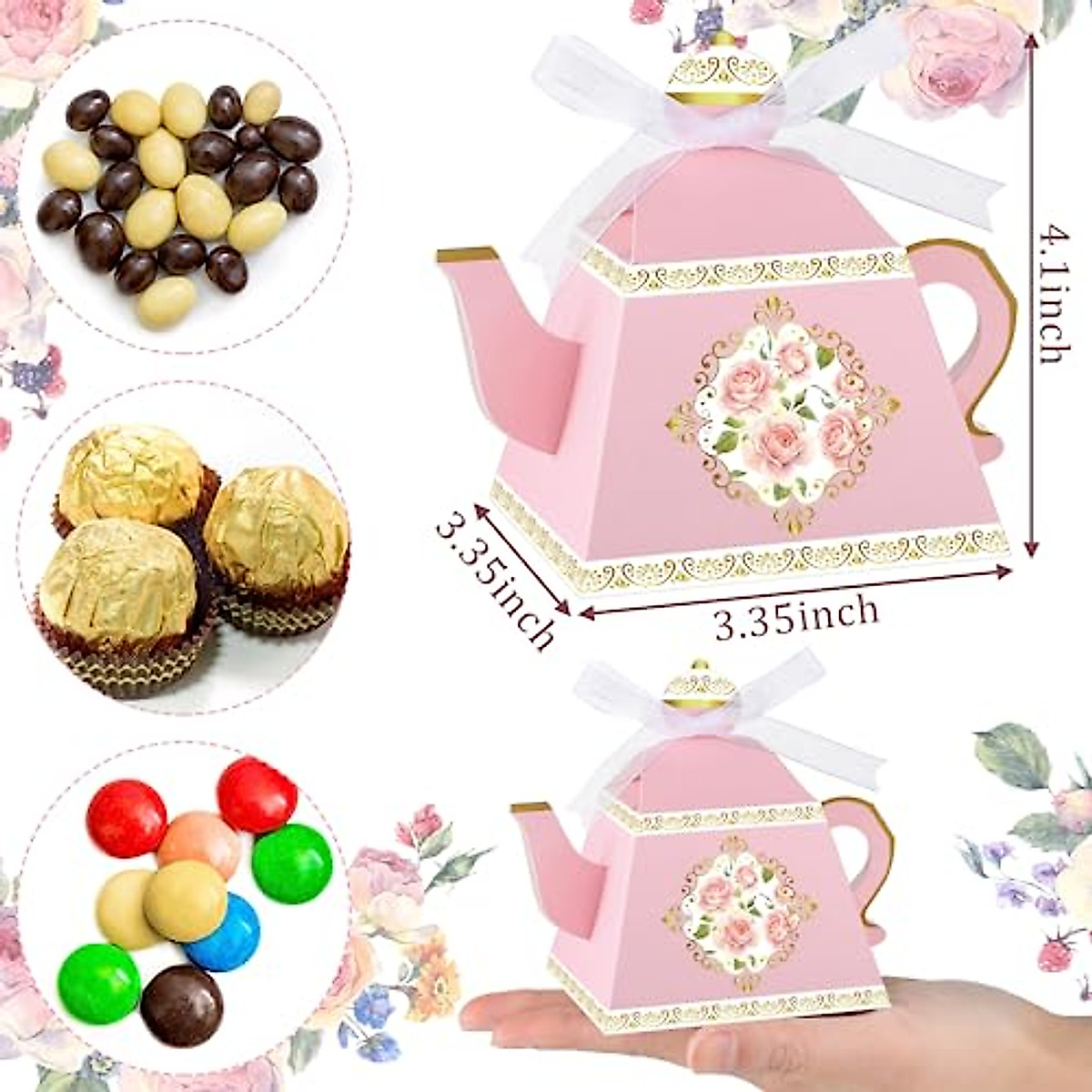 Fuutreo 50 Pcs Vintage Floral Teapot Box Flower Tea Party Gift boxes Teapot Candy Box tea Time party decorations for Tea Garden Wedding Bridal Birthday Baby Shower (Pink)