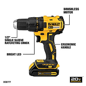 DEWALT 20V MAX* Cordless Drill / Driver Kit, Compact, Brushless (DCD777C2)