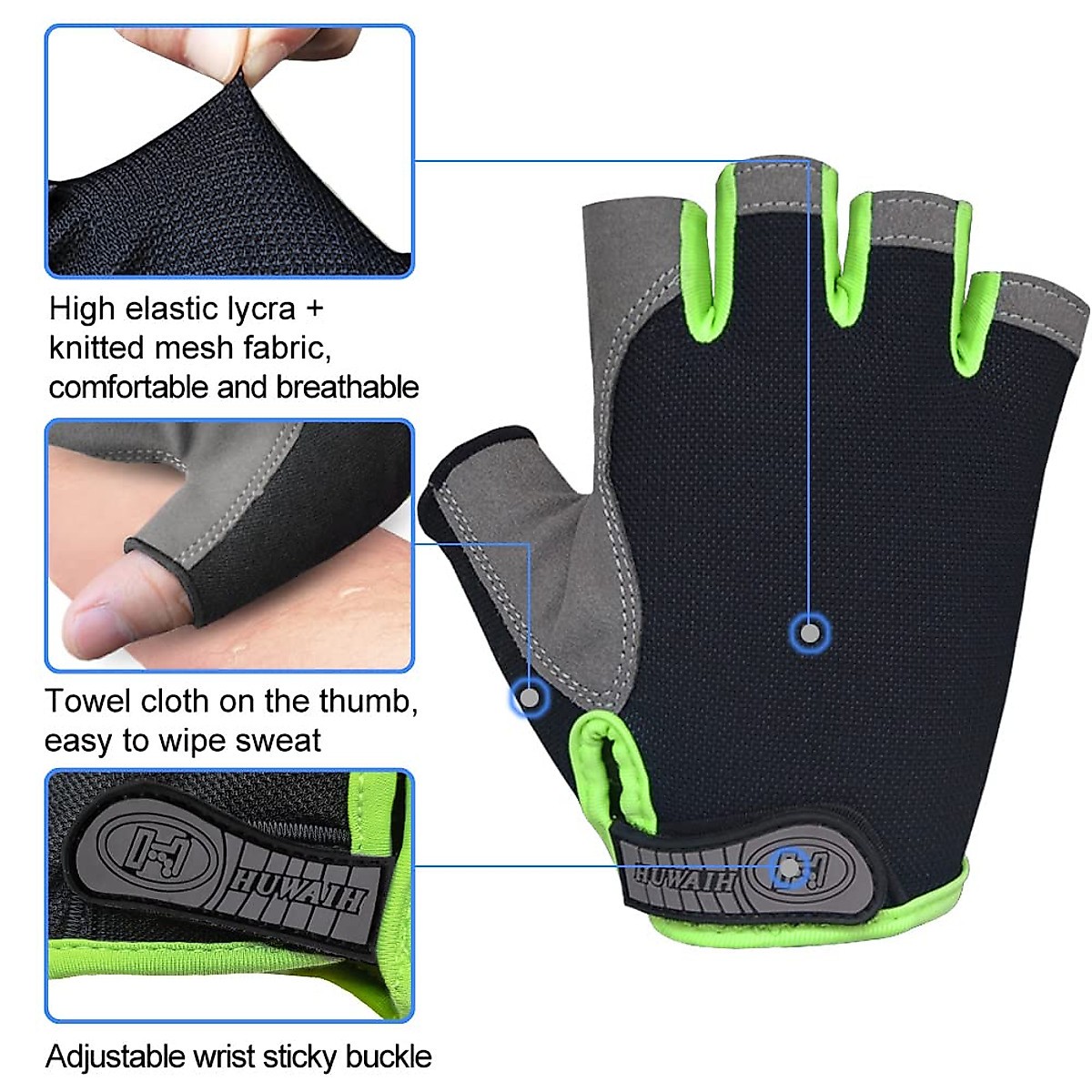 HuwaiH Cycling Gloves for Men/Women Anti-Slip Shock-Absorbing Biking Gloves Half Finger Gel Pad Bicycle Gloves Breathable Bike Gloves (Black/Green, Medium)