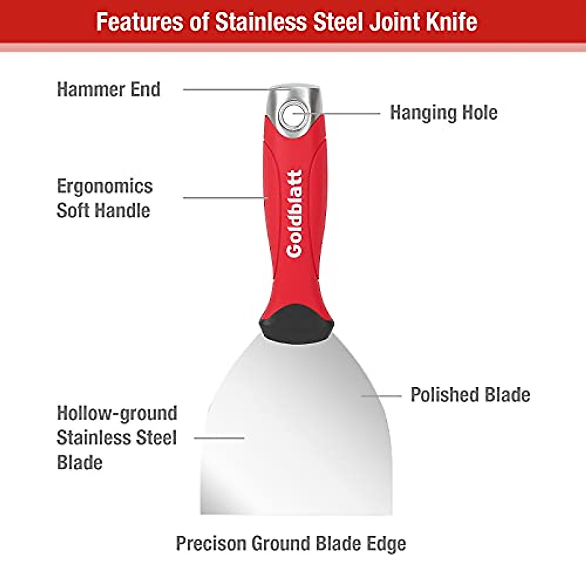 Goldblatt 4-piece Stainless Steel Joint Knife Set, 3-piece 4'', 5'', 6'' Putty Knives and 9-in-1 Multi-Tool Painter Scraper, Soft Handle with Hammer End, for Drywall