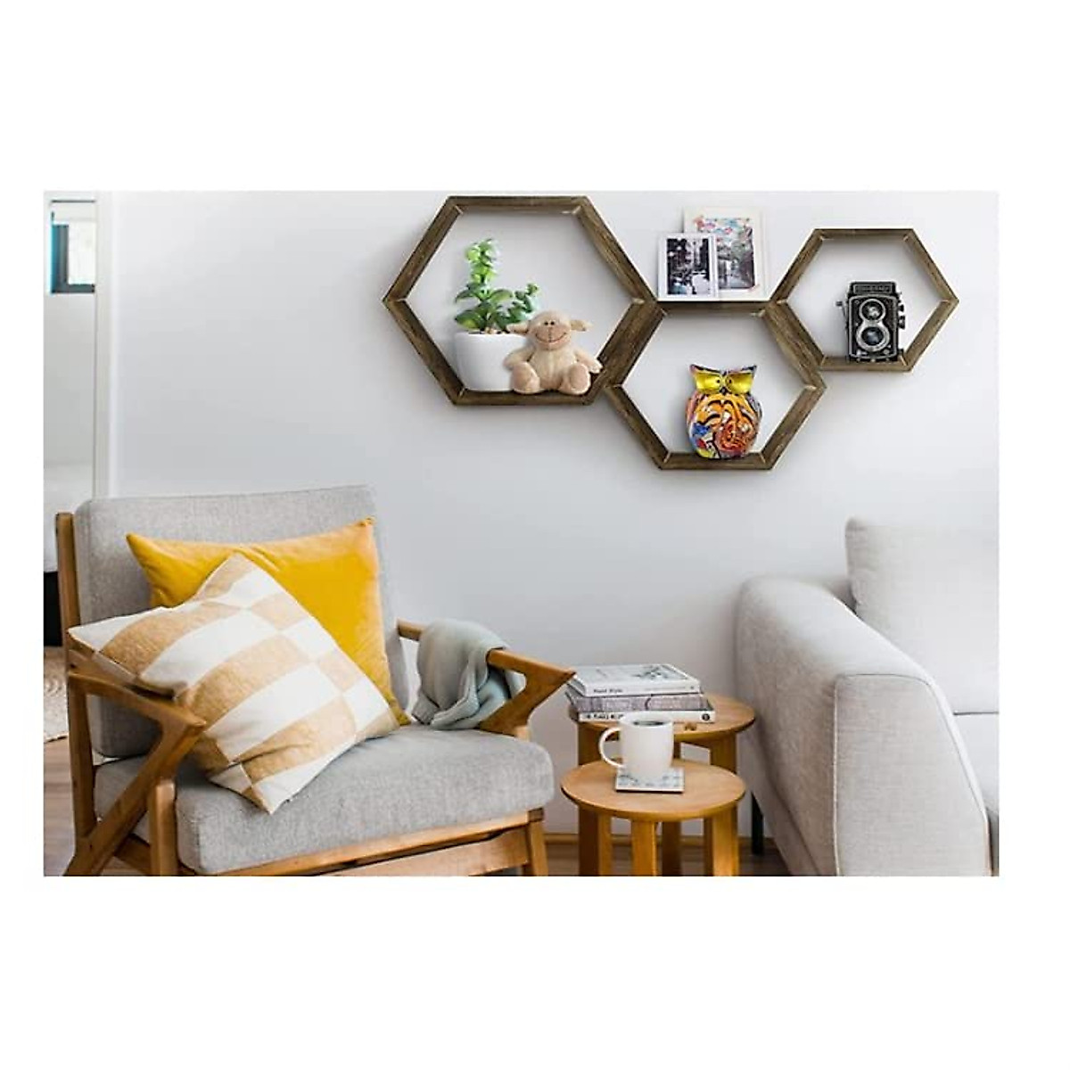 1885 Wall Glimmer Hexagon Floating Shelves Rustic Brown - Set of 3 Larger Size Decorative Honeycomb Shelves - Wall Mounted Geometric Rustic Wood Floating Shelves for Wall Decor