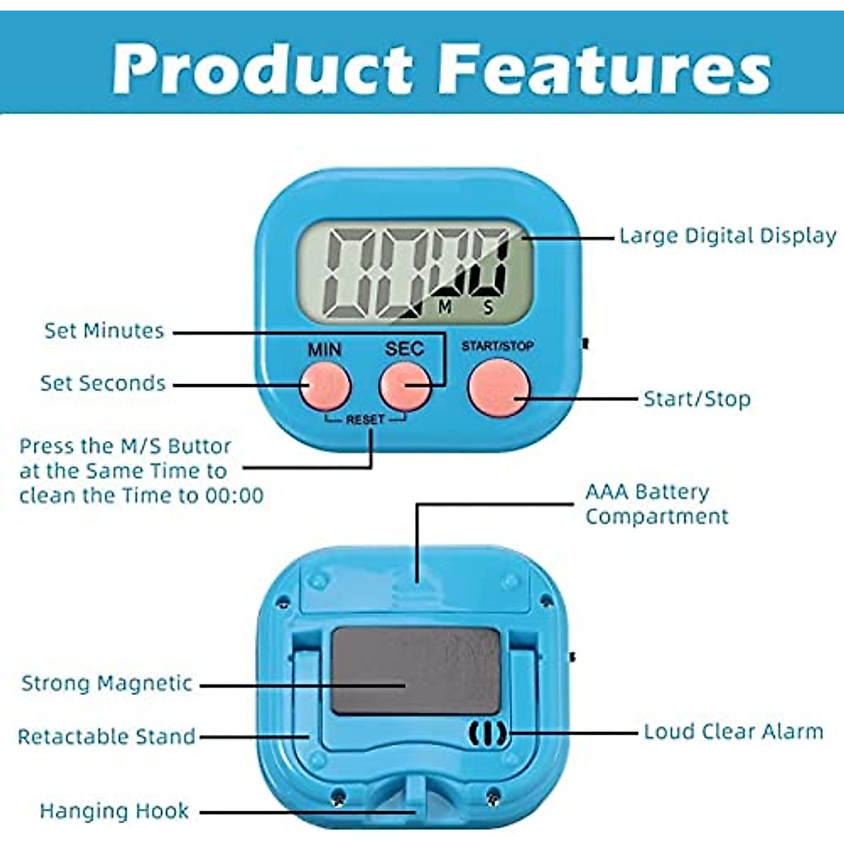 Digital Kitchen Timer for Cooking, Big Digits Loud Alarm Strong Magnetic Backing, Multi-Function Electronic Timer, Classroom Timers for Teachers Kids (White)