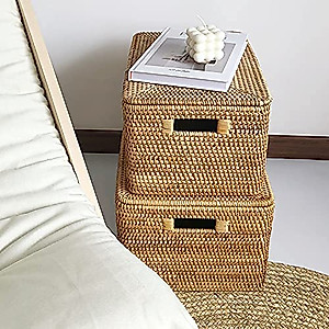 FIYAMMY Rattan Basket With Lid, Large Lidded Basket For Storage Rattan Box(17.8" L×13.8"W×7.8"H)