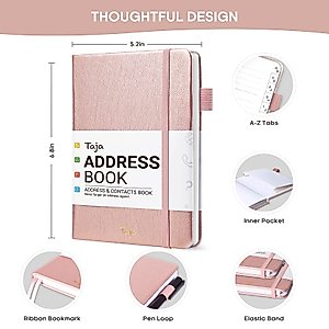 Taja Address Book with Alphabetical Tabs,Hardcover Address Book Large Print for Record Contacts, Small Address Book to Store All Your Important Informations In One Place - Rose Gold