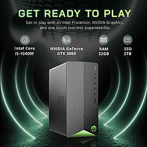 HP 2022 Pavilion Gaming Desktop Computer, Intel Core i5-10400F CPU, 32GB RAM, 2TB PCIe SSD, NVIDIA GeForce RTX 3060 Graphics, Keyboard&Mouse, Win 11 Pro, Black, 32GB Snowbell USB Card