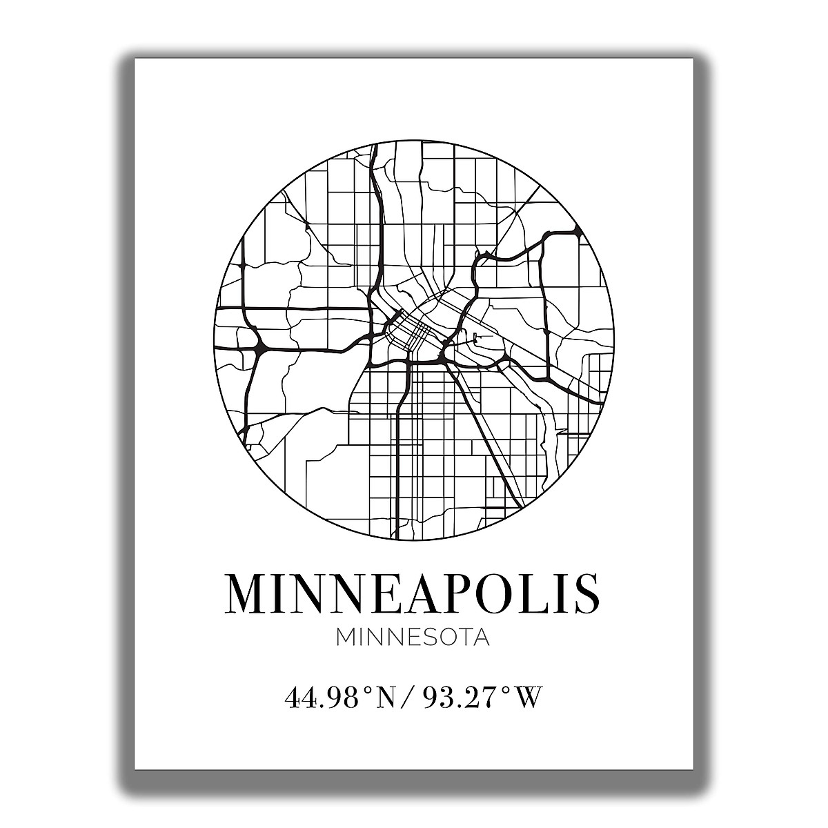 Minneapolis MN City Street Map Wall Art - 11x14 UNFRAMED Modern Abstract Black & White Aerial View Decor Print with Coordinates. Makes a great Minneapolis-Themed Gift.
