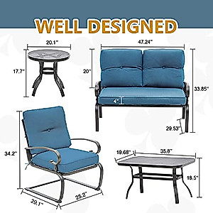 Oakmont 5Pcs Outdoor Patio Furniture Conversation Sets (Loveseat, Coffee Table and Bistro Table, 2 Spring Chair) -Wrought Iron Chair Set with Peacock Blue Cushions