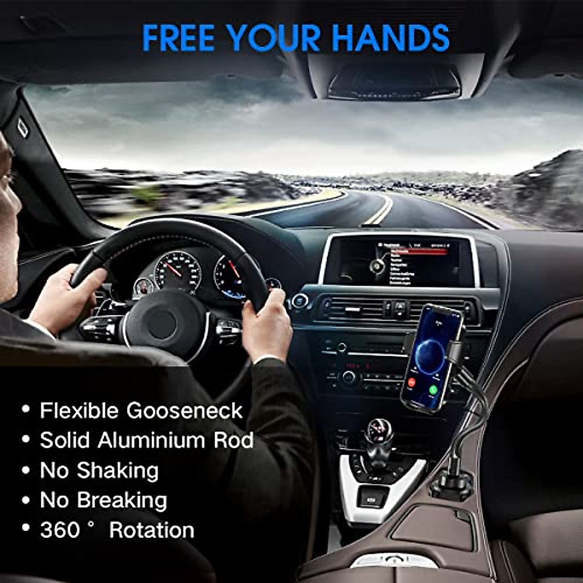 EOCAHO Cup Holder Phone Mount, [No Breaking] Aluminum Gooseneck Cup Phone Holder for Car, 360° Adjustable Phone Mount for Car Truck, Compatible with iPhone Samsung and All Cell Phones