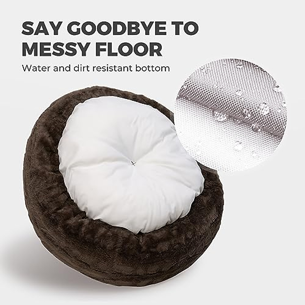 Veehoo Calming Dog Bed & Cat Bed, Anti-Anxiety Small Dog Beds for Medium Dogs, Washable Donut Round Pet Bed with Fluffy Faux Fur for Puppy and Kitten, 23x23 inch, Brown