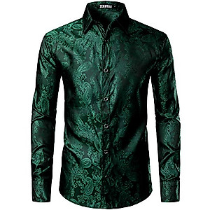 ZEROYAA Men's Paisley Jacquard Slim Fit Long Sleeve Button Up Dress Shirt for Party Prom ZLCL28-Emerald Small