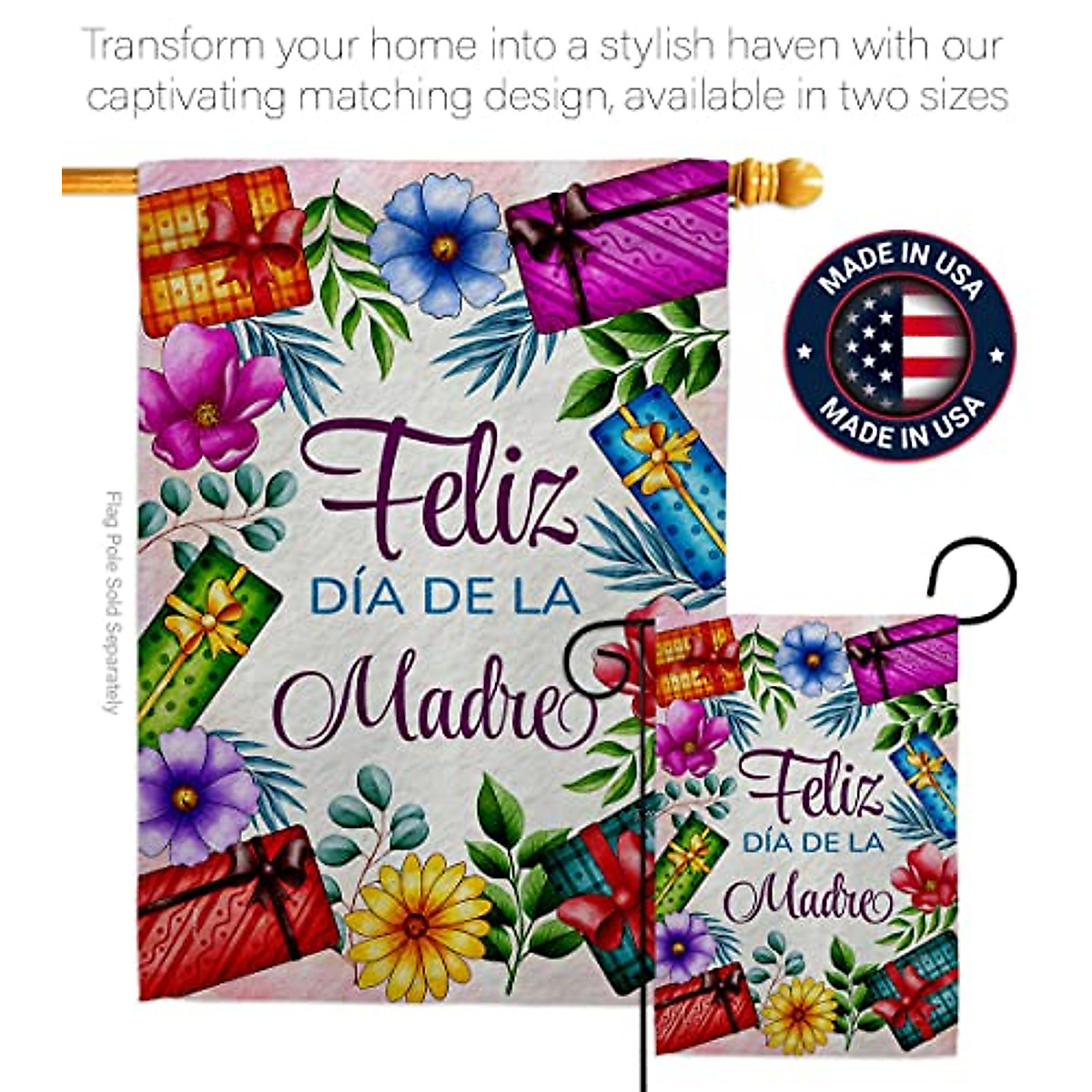 Feliz Dia De La Madre Garden Flag - Set Wood Dowel Family Mother Day Mom Mama Grandma Love Flowers Parent Sibling Relatives Grandparent - House Banner Small Yard Gift Double-Sided 13 X 18.5