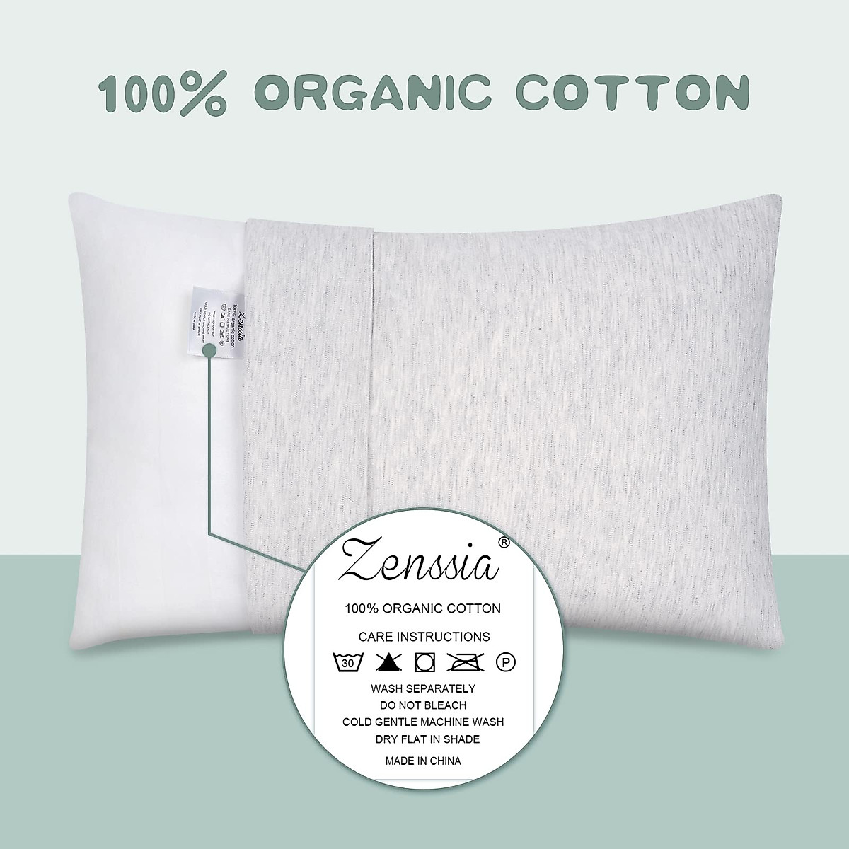 Zenssia Organic Cotton Toddler Pillowcase/Travel Pillowcase Pack of 2 Set 13x18 Inches with Envelope Closure - Soft & Breathable Baby Pillow Case Cover Solid Gray