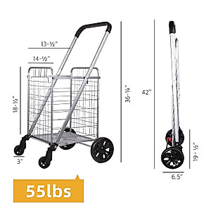 OmniRolls Grocery Shopping Cart with Swivel Wheels, Folding Shopping Cart with Wide Cushion Handle, Mesh Bottom and Brake System, Silve,