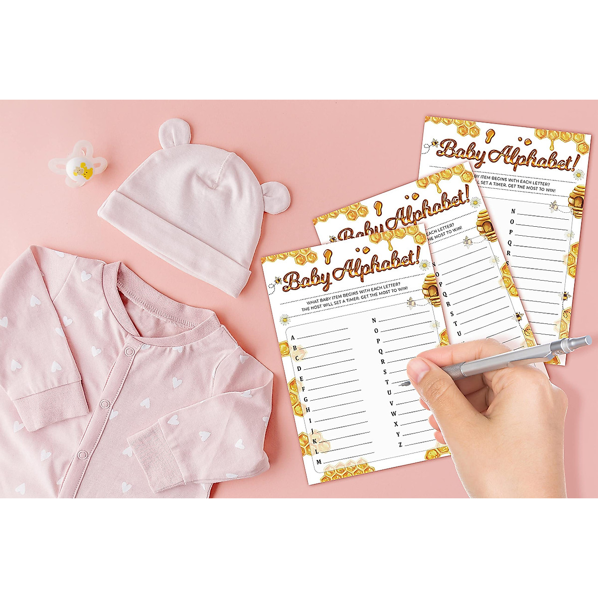 Baby Shower Game Set - Baby Alphabet Game Cards for Gender Reveal Party - Bumble Bee Baby Shower Games & Activities - Honey Honeycomb Party Favor Decoration for Men and Women - 30 Game Cards(F19)