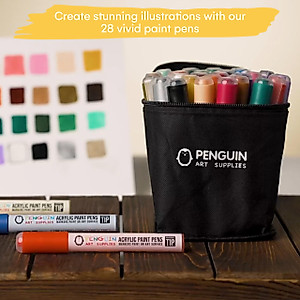 PENGUIN ART SUPPLIES 28 Dual Tip Acrylic Paint Pens: Craft Paint Markers for Painting Wood, Glass, and Halloween Decoration - Non Toxic Reversible Pen with 5mm + 3mm Fine Tip and Zipper Pouch