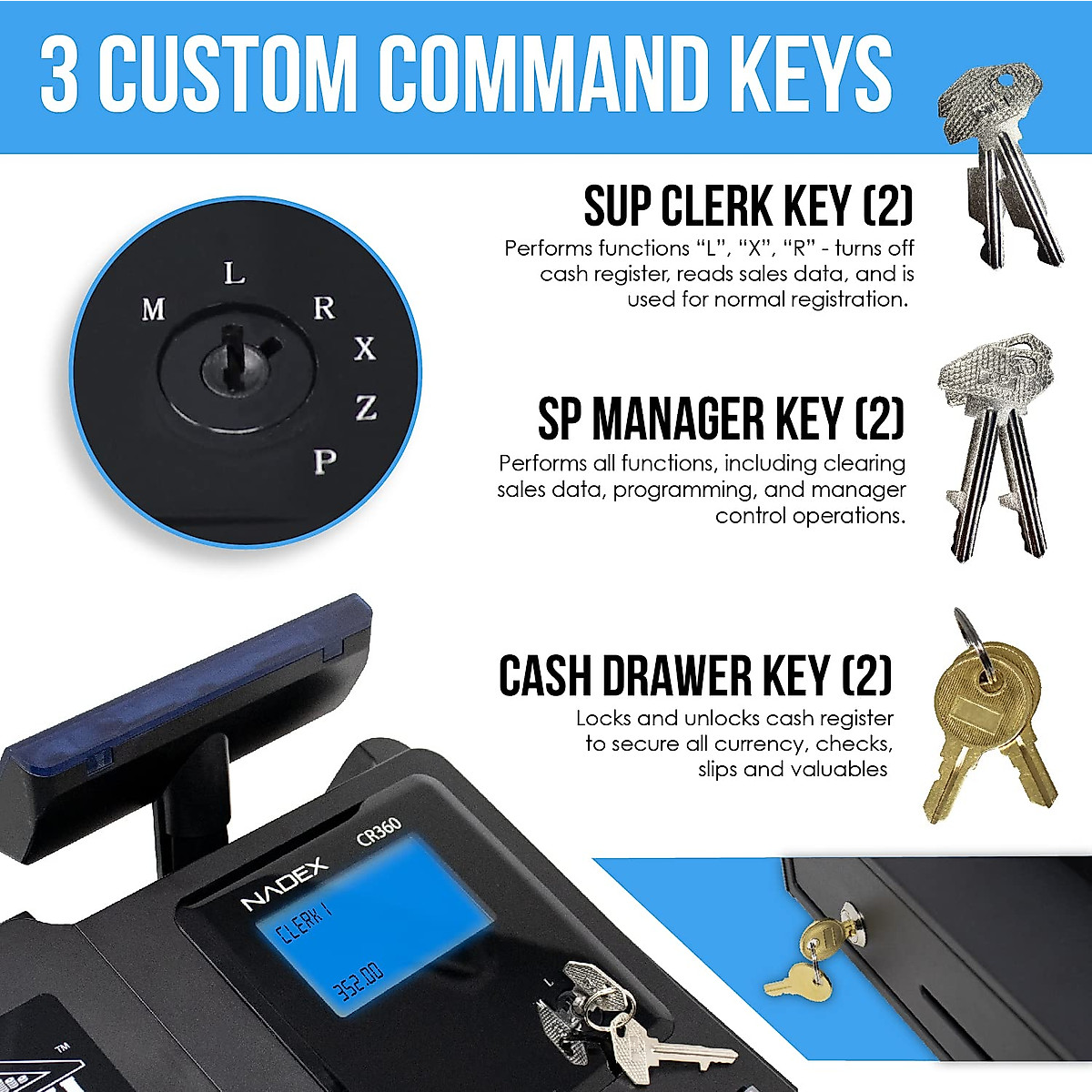 Nadex CR360 Cash Register, 4700 Lookups 50 Dept 50 Clerks, Quick Load Thermal Printer, Compact Size, Cash and Coin Drawer, Black