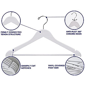Amber Home Solid Wood Suit Coat Hangers 10 Pack, Smooth White Finish Wooden Dress Hangers with Non Slip Pant Bar, Clothes Hangers with 360 Swivel Hook & Notches for Jacket, Pant, Shirt (White, 10)