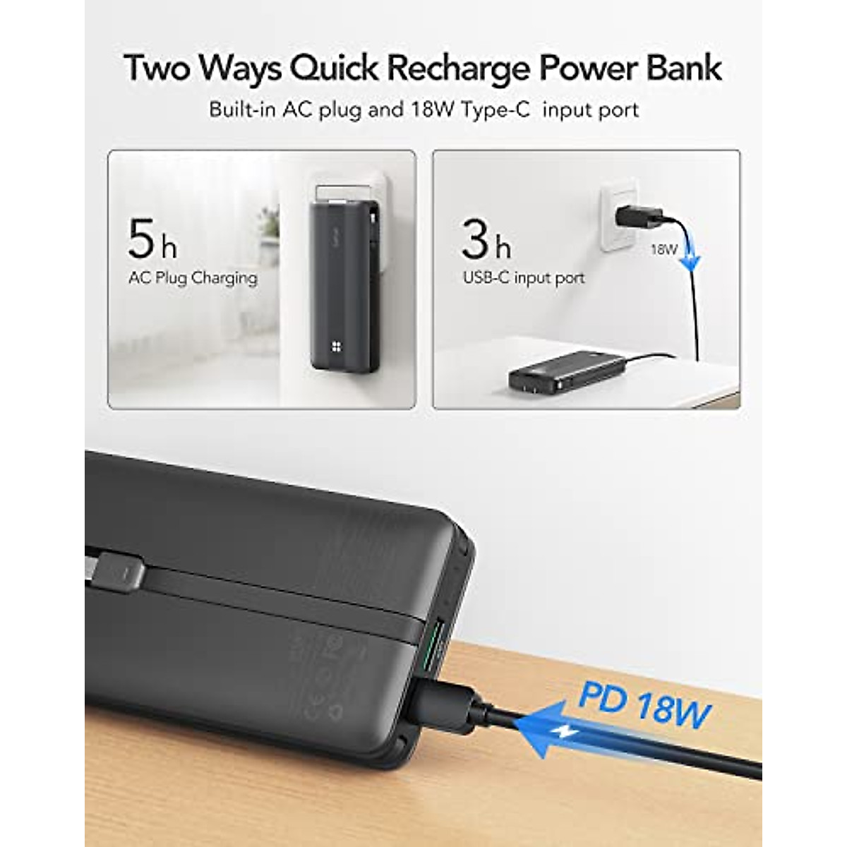 VRURC Portable Charger with Built-in Cables & AC Wall Plug, 22.5W Fast Charging 10000mAh Battery Pack(QC4.0 & PD3.0), USB C Power Bank with 4 Output 2 Input, Compatible with iPhone Samsung Android etc