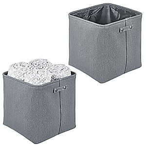 mDesign Soft Cotton Fabric Bathroom Storage Bin with Handles - Organizer for Towels, Toilet Paper Rolls - for Closets, Cabinets, Shelves - Textured Weave, 2 Pack - Charcoal Gray