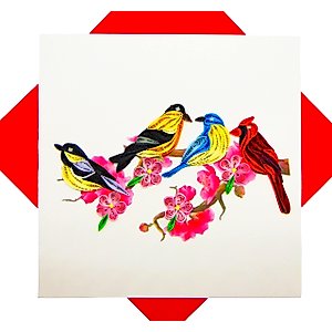 Four Colorful Birds sitting in a tree, Quilling Card 3D,Unique Dedicated Handmade, Design Greeting Card for Birthday, Valentine's Day, Mothers Day, Spring, Fathers Day, All Occasion,6"x6"