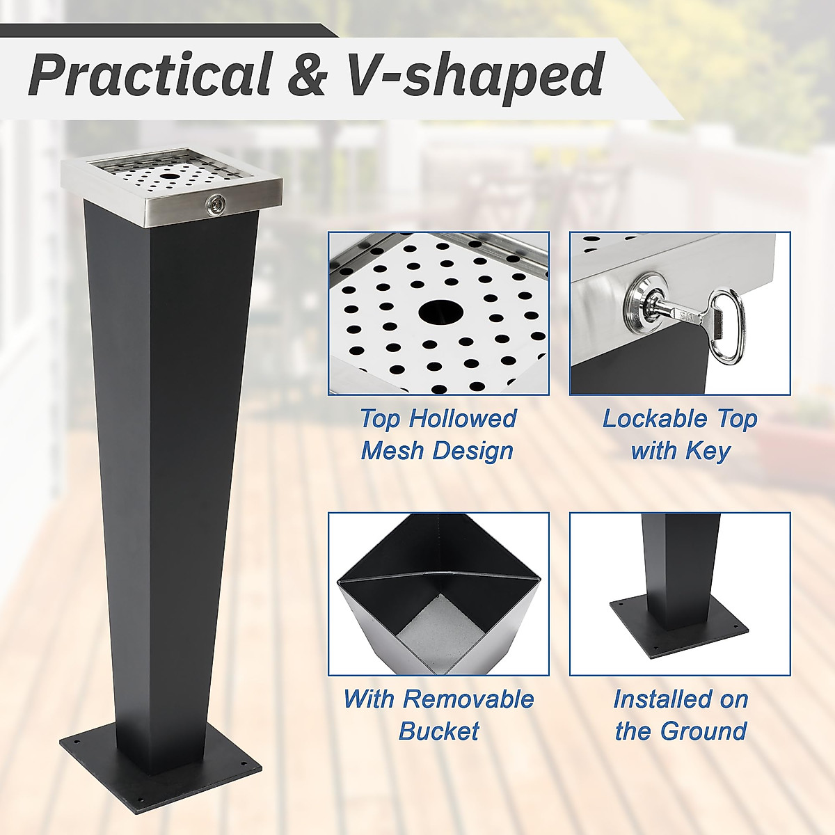 AIWFL Commercial Trash Receptacle Outdoor Trash Can Stainless Steel Garbage Can Black Ash Bin with Inner Bucket for Office Hotel Patio Backyard Restaurants