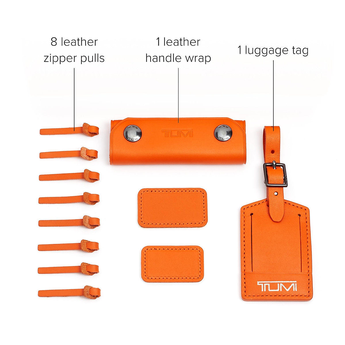 TUMI - Accents Kit - Includes 2 Leather Monogram Patches, 1 Leather Luggage Handle Wrap, 1 Luggage Tag & 8 Leather Zipper Pulls - Sunrise