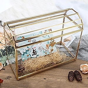 HighFree Glass Wedding Card Box with Slot & Lock, Handmade Copper Geometric Terrarium, Clear Display Box for Wedding Reception, Wishwell, Keepsake Gold (12.2inch)