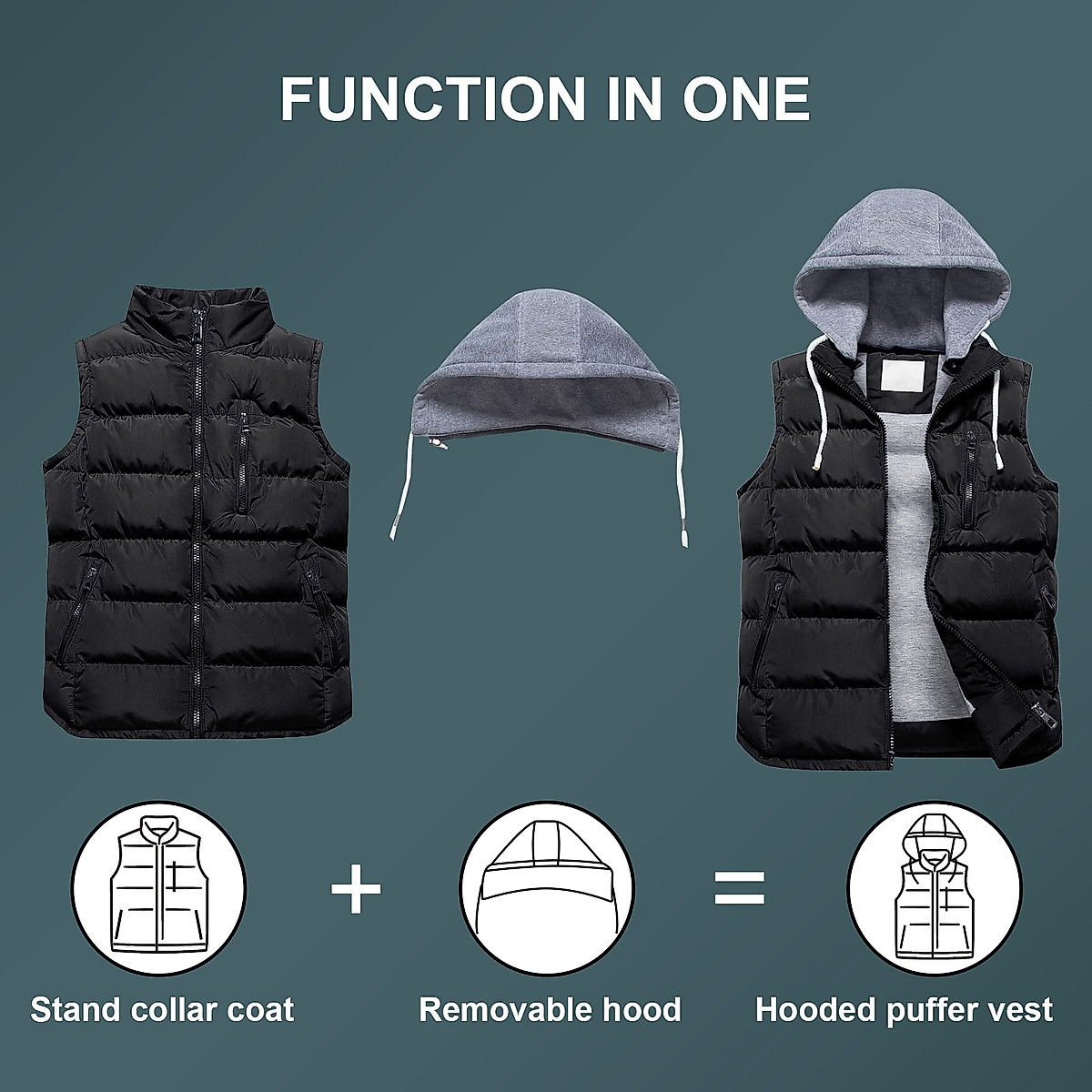 CREATMO US Women's Warm Winter Vest Thick Padded Puffer Vest Waistcoat With Detachable Hood Black L