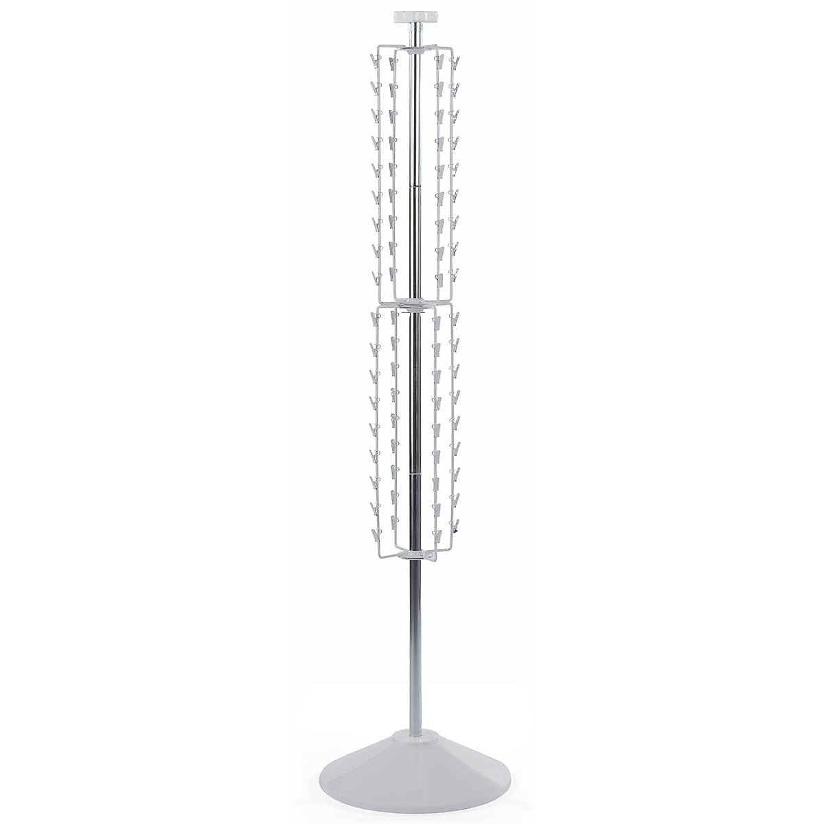 Displays2go Chip Display Stand, 72 Clip Spinner Design, Top Carousel Plastic Header - White (CCFR72WH)