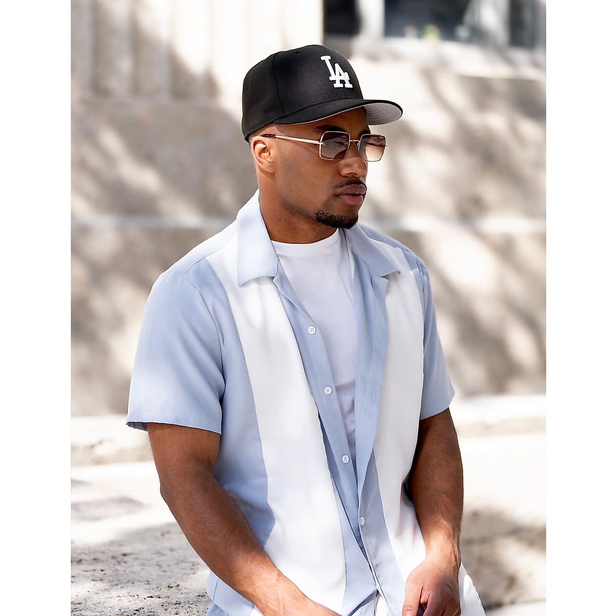 COOFANDY Men's Casual Button Down Shirts Retro Bowling Shirts Beach Wear Clothing Light Blue White