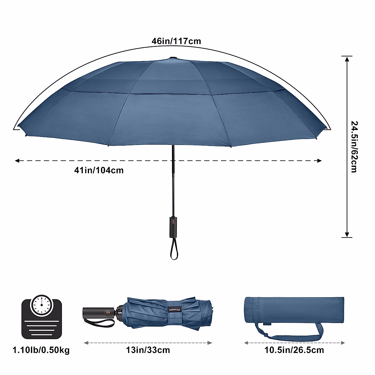 Prospo 62 Inch Large Travel Umbrellas for Rain Windproof, 10 Ribs Compact Reverse Folding Golf Umbrella, Double Canopy Automatic Open Close
