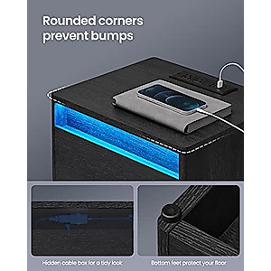 VASAGLE Nightstand with Charging Station, Side End Adjustable LED Lights, Bedside Table with Drawer 2 AC Outlets, 2 USB Ports, Modern, for Bedroom, 13.7" D x 15.7" W x 21.7" H, Black