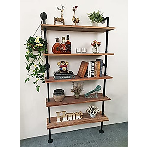 Anynice 5 Tier Industrial Ladder Shelf Bookcase, Wall Mounted Wood Metal Pipe Rustic Bookshelf for Living Room (Weathered Brown, 10" D x 36" W x 70" H)