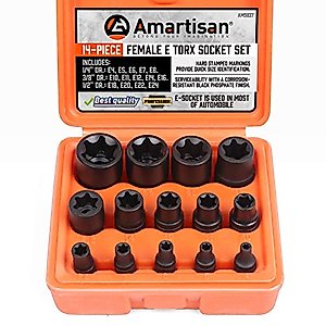 Amartisan 14 Pc Female E-Torx Star Socket Set/Rail, 1/4" 3/8" 1/2" Drive, E24 External Torque Socket Set