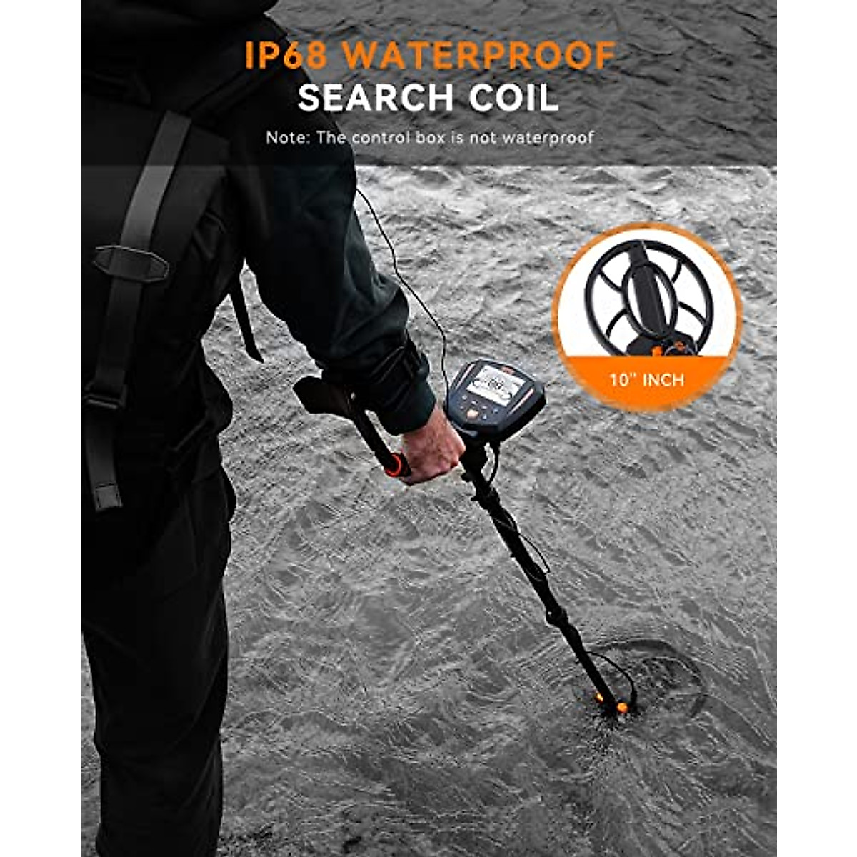 SUNPOW Metal Detector, IP68 Waterproof Coil, Identify 9 Types of Metals, High Accuracy, 10 Inch Detection Depth, 5 Modes, Strong Anti-Interference, Suitable for Adults and Kids (OT-MD07)