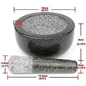 H&S Pestle and Mortar Set Large Premium Solid Granite Stone Black - 16cm(6.3") Diameter