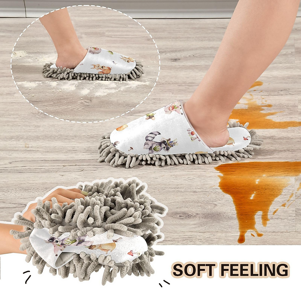 FLildon Microfiber Cleaning Slippers Cute Animals Squirrels Washable Mop Shoes Slipper for Men/Women House Floor Dust Cleaner, Size M