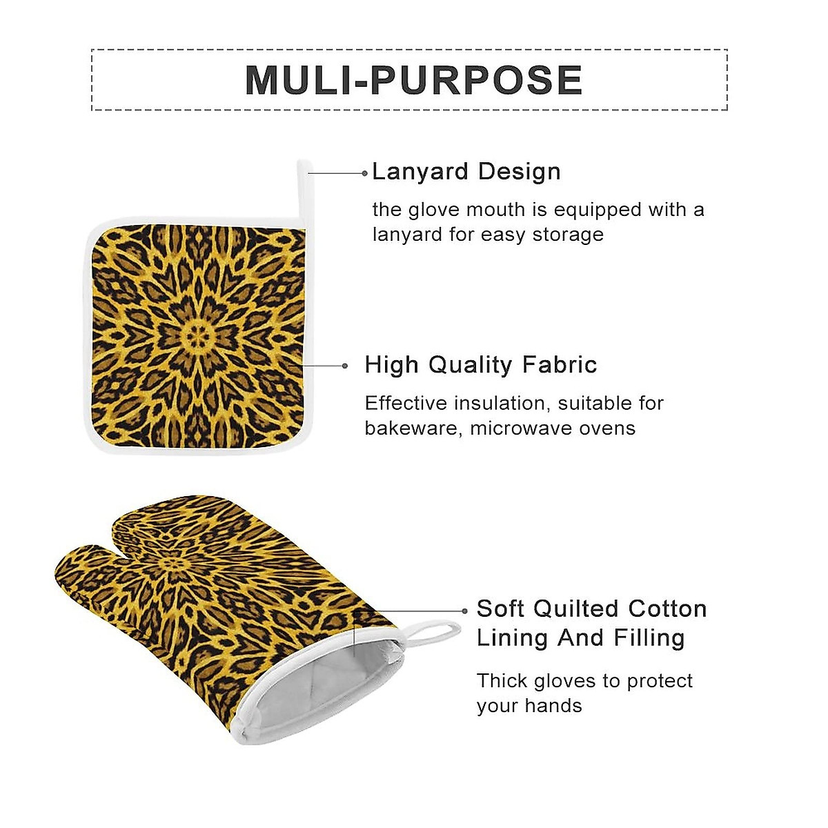 Oven Mitts and Pot Holders Sets for Safe BBQ Cooking and Backing, Animal Leopard Print Kitchen Insulated Pot Holder Pad with Heat Resistant Gloves, 4 Pieces, MBW100