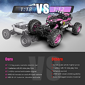 CROBOLL 1:12 Large RC Cars Toys for Boys Girls with Lifting Function, 4WD Remote Control Car Gifts for Kids 4X4 Off-Road RC Rock Crawler, 2.4GHz RC Truck with 2 Batteries 60Mins Play(Pink)