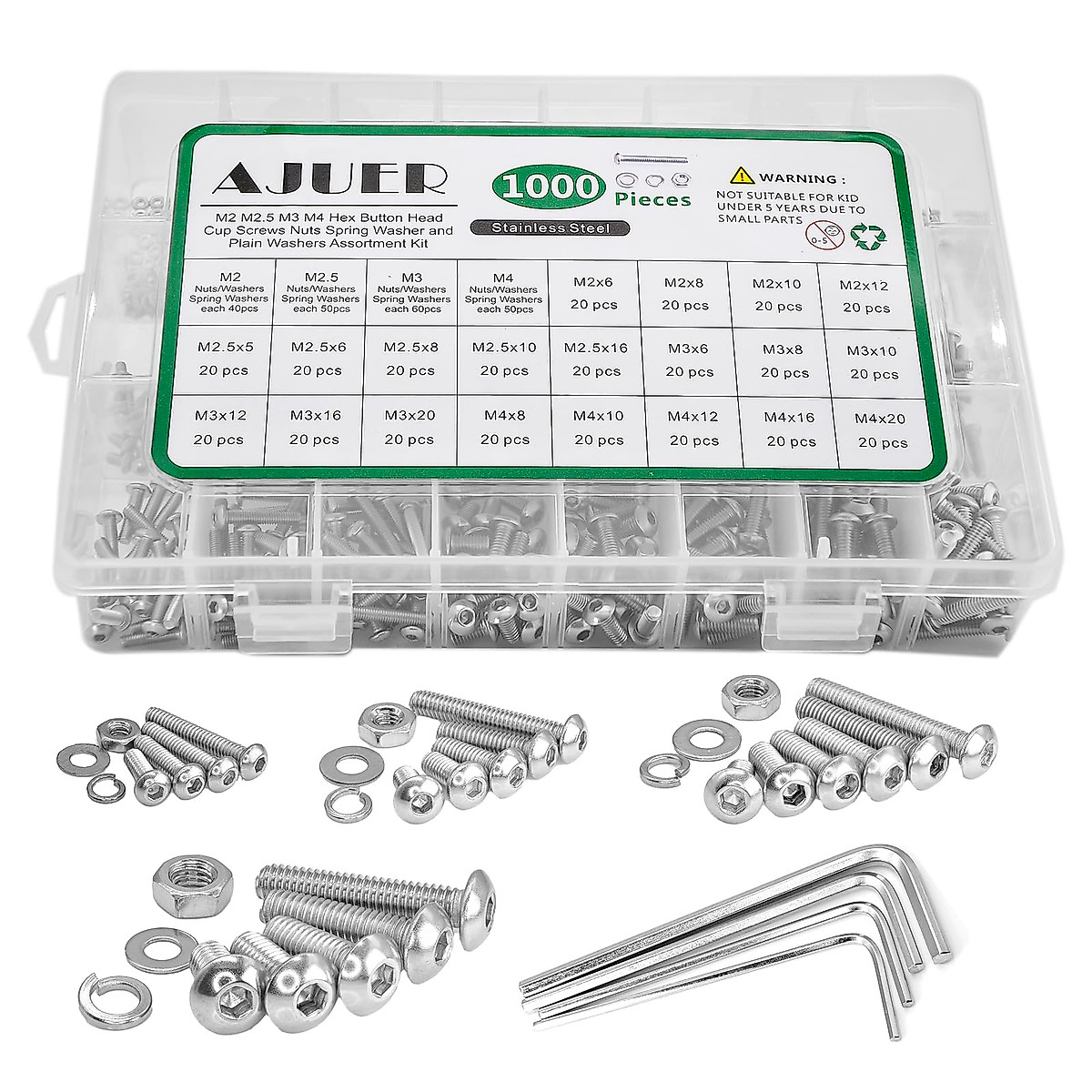 AJUER 1000pcs ISO7380 M2/M2.5/M3/M4 Button Head Socket Cap Screws, Bolts Nuts Washers Assortment Kit, 304 Stainless Steel Metric Screw Set, Small Bolts and Nuts Kit,