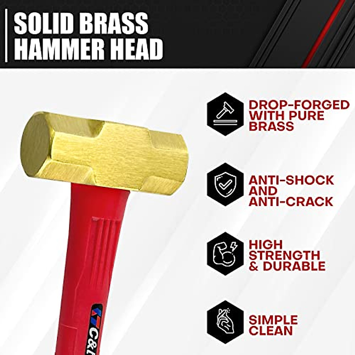 C&T 2lb Brass Sledge Hammer,Non-Sparking, Comfortable Fiberglass Handle,2-Pounds,Non-Magnetic,Corrosion Resistant