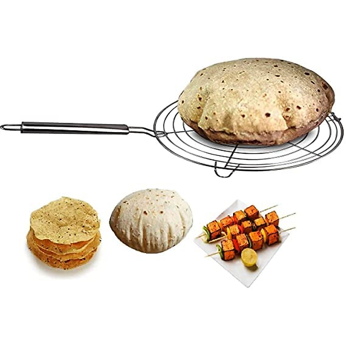 ORGANICA Stainless Steel Round Roti Grill, Papad Grill,Roti Jali, Chapathi Grill with Pipe Handle Dia-8 Inches