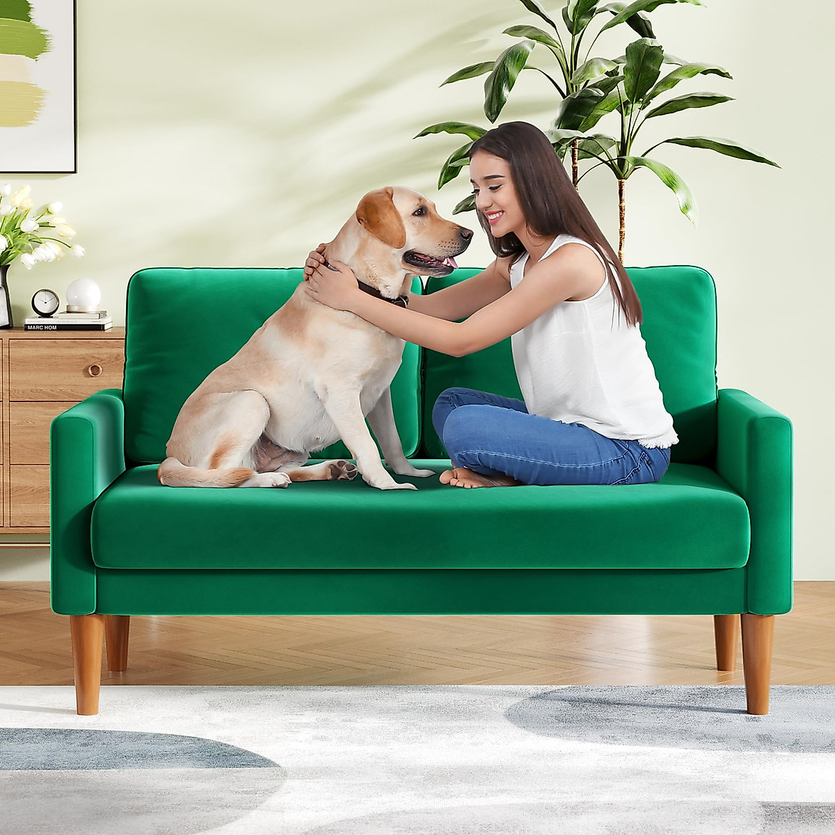 Loveseat Sofa, 55" Small Sofa Couch Mid Century Modern Velvet Couch for Small Spaces, Bedroom and Living Room, Removable Sofa Cover Spring Cushions and Solid Wood Frame, Easy to Install, Green