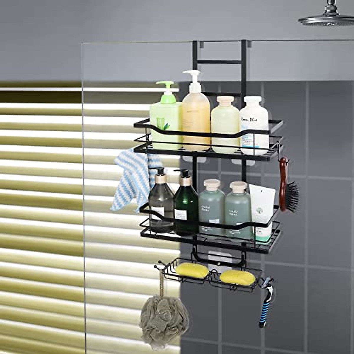 Over the Door Shower Caddy, Hanging Shower Organizer for Bathroom, Shower Storage Rack Shelf with Hooks & Screw Adhesives & Soap Holder, 3 Tier Bathroom Shower Basket, Rustproof No Drilling - Black