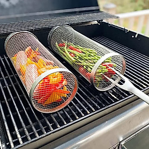 (Set of 2) UPDATED BBQ Grill Net Tube,Rolling Grilling Basket BBQ Basket Rotisserie,Grill Tool with Removable Mesh Cover,Accessories Great Grilling Gifts for Men Dad (11.8 inch & 8.3 inch)