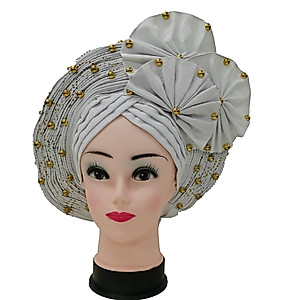 QliHut Nigerian Gele Headties With Beads And Stones African Headtie Women Head Wrap Already Made Auto (White,1)